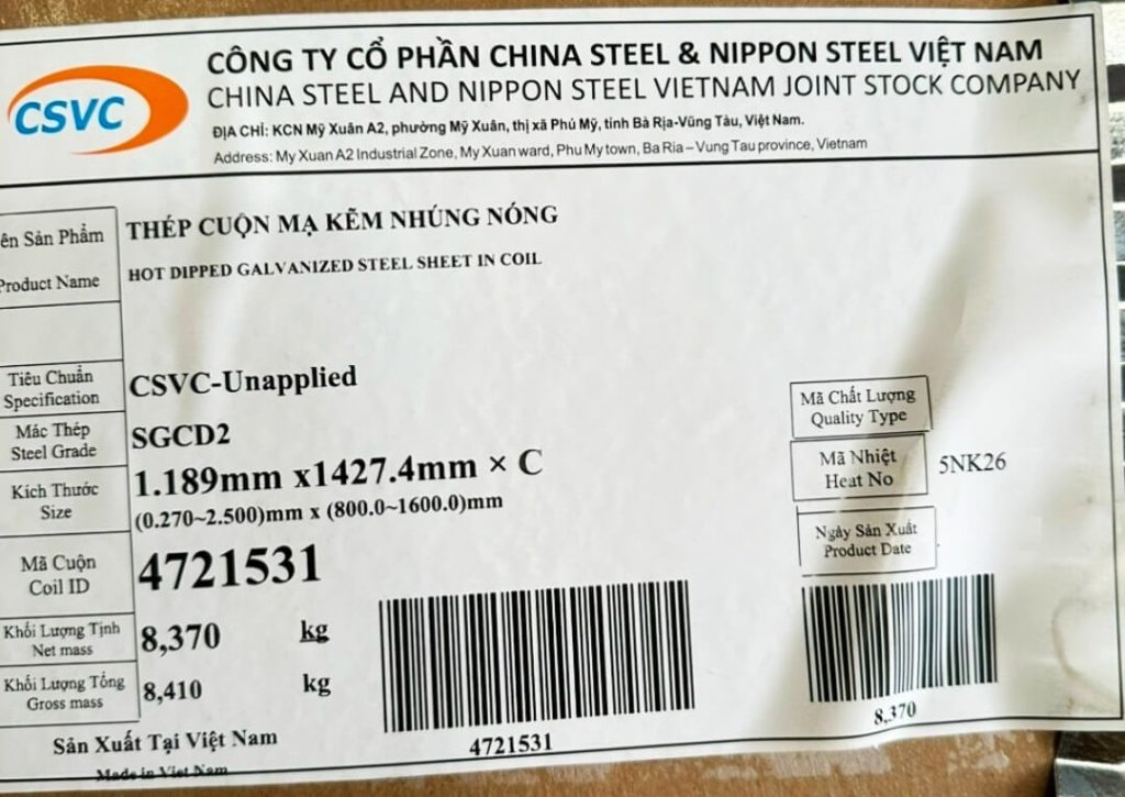 Tôn Cuộn Thép Tấm Mạ Kẽm Sumikin CSVC China Steel & Nippon Steel